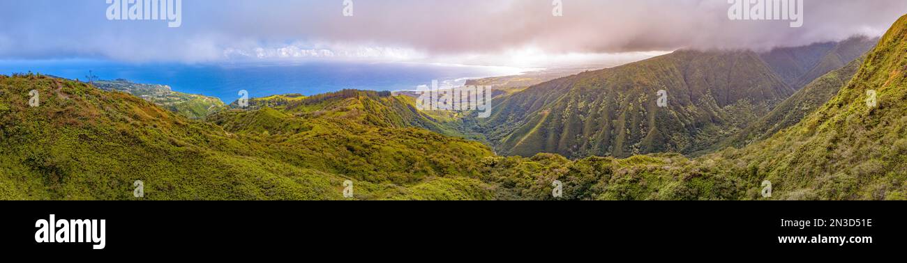 Aerial view of the lush, rugged mountainside of Waihee Ridge in the ...