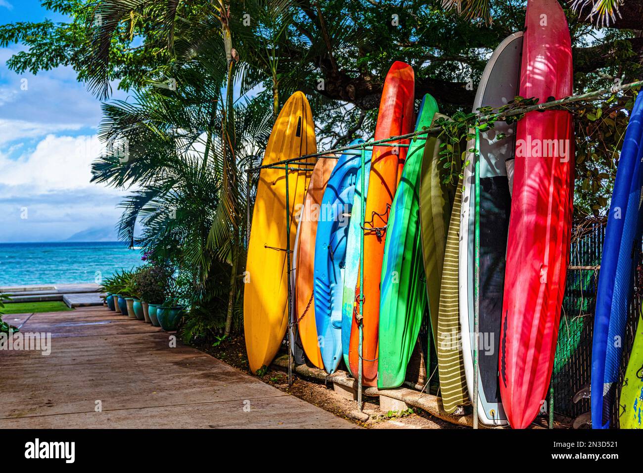 Surf boards lined up on a deck with view to the ocean in Lahaina; Maui ...