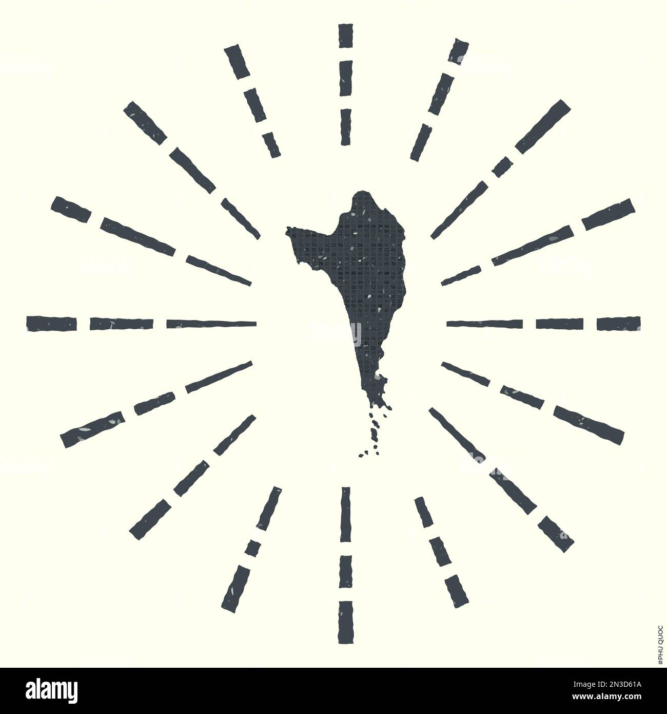 Phu Quoc Logo. Grunge sunburst poster with map of the island. Shape of ...