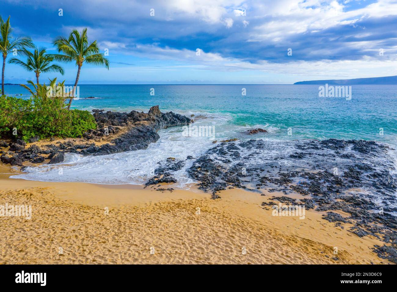 Secret Beach with palm trees and turquoise surf rolling into golden ...
