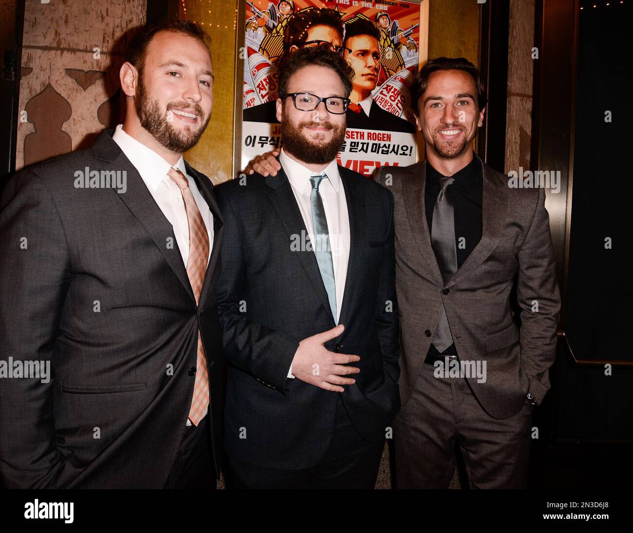 Actor Seth Rogen, center, director Evan Goldberg, left, and producer ...