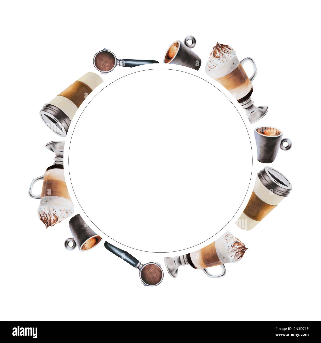 Watercolor frame with coffee making tools. Latte, espresso, americano ...