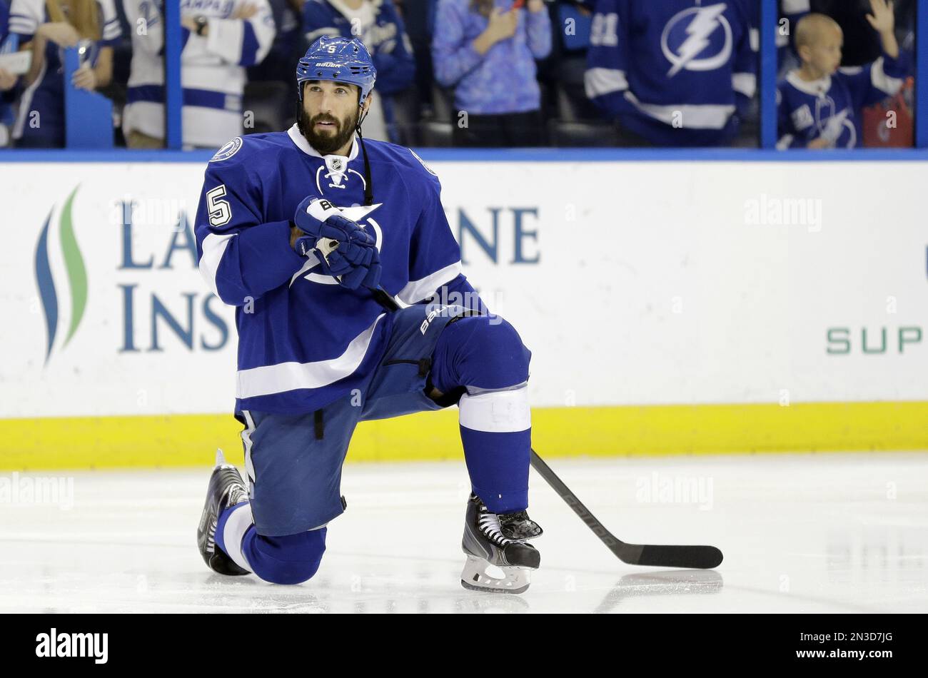 Tampa Bay Lightning defenseman Jason Garrison (5) before an NHL hockey ...