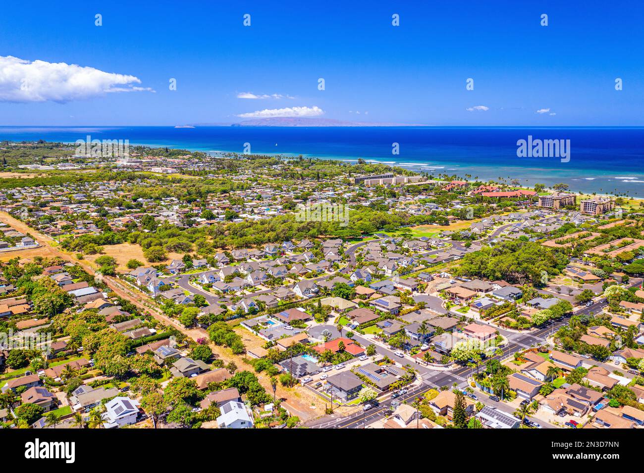Aerial view of Kihei Town and the rooftops of commercial and ...