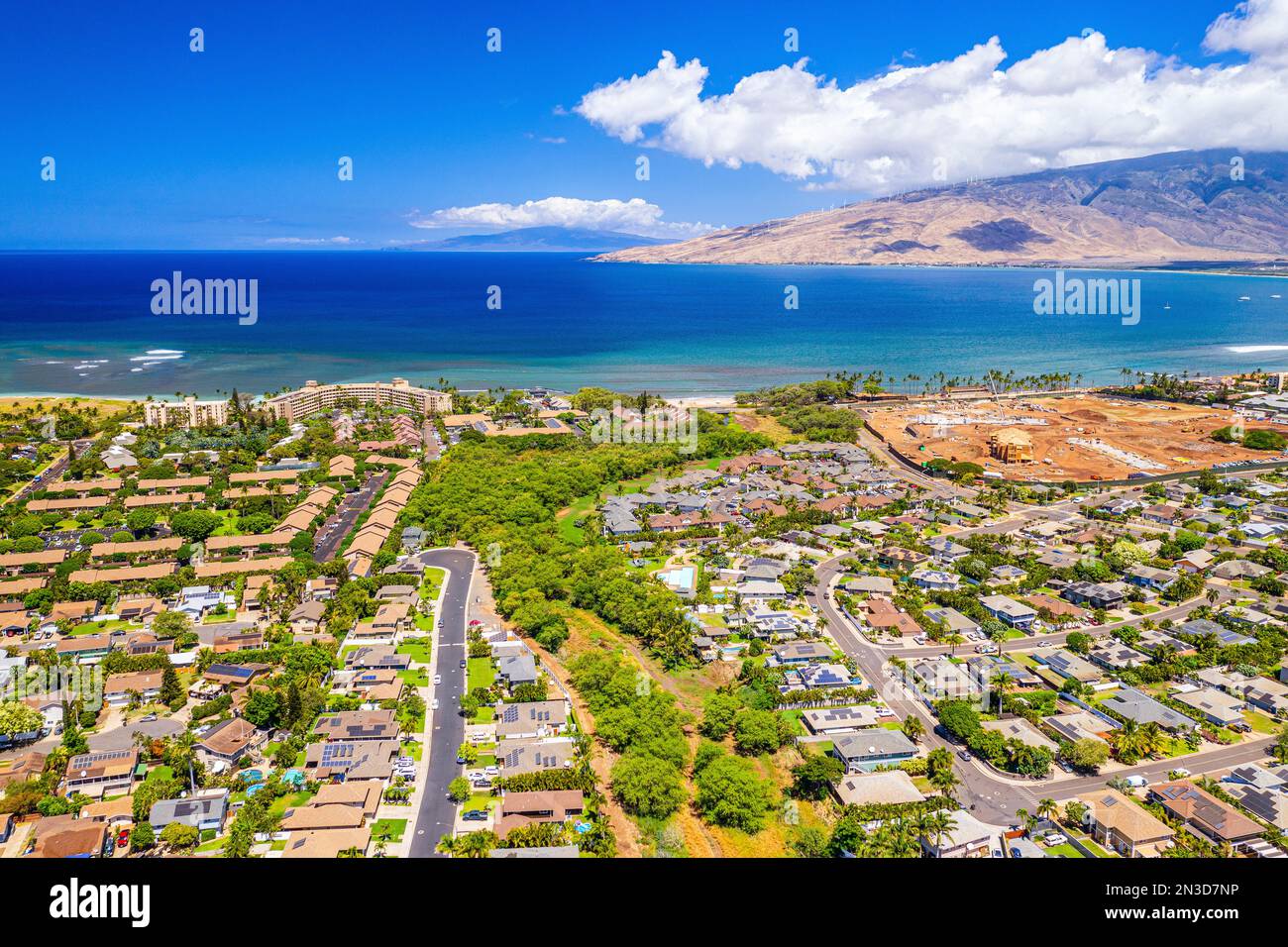Aerial view of Kihei Town and the rooftops of commercial and ...