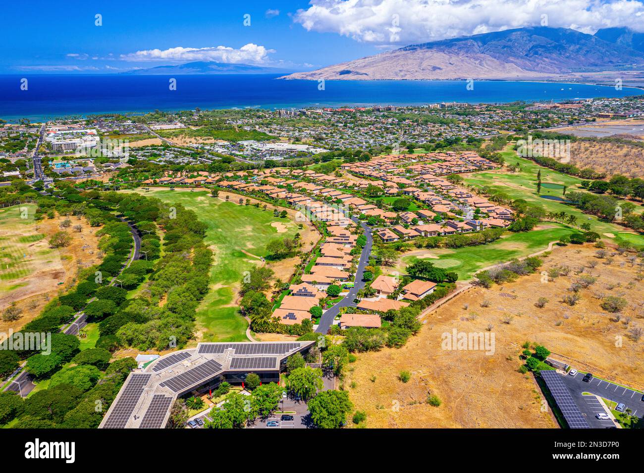 Aerial view of Kihei Town and the rooftops of commercial and ...