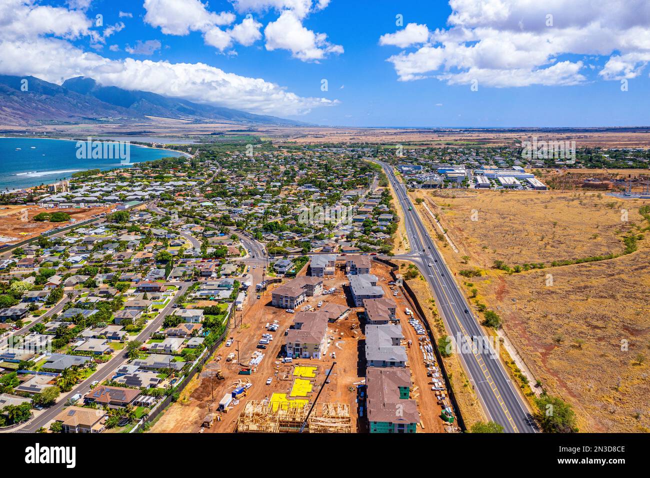 Aerial view of Kihei Town showing new construction along the main ...