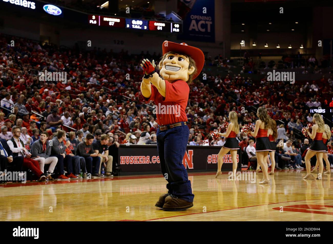 Nebraska mascot Herbie Husker applauds during a break in the second ...
