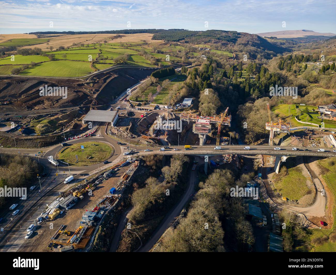 MERTHYR TYDFIL, WALES - FEBRUARY 06 2023: Aerial view of a roundabout ...