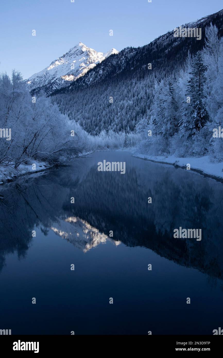Winter beauty at sunrise, with a frosty forest and snowy shoreline ...