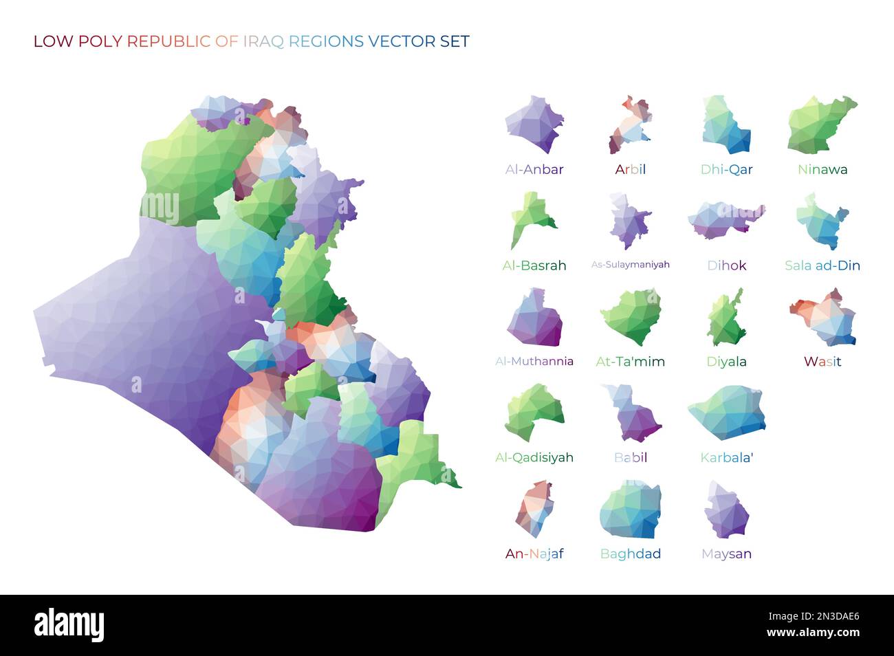Iraqi low poly regions. Polygonal map of Republic of Iraq with regions ...