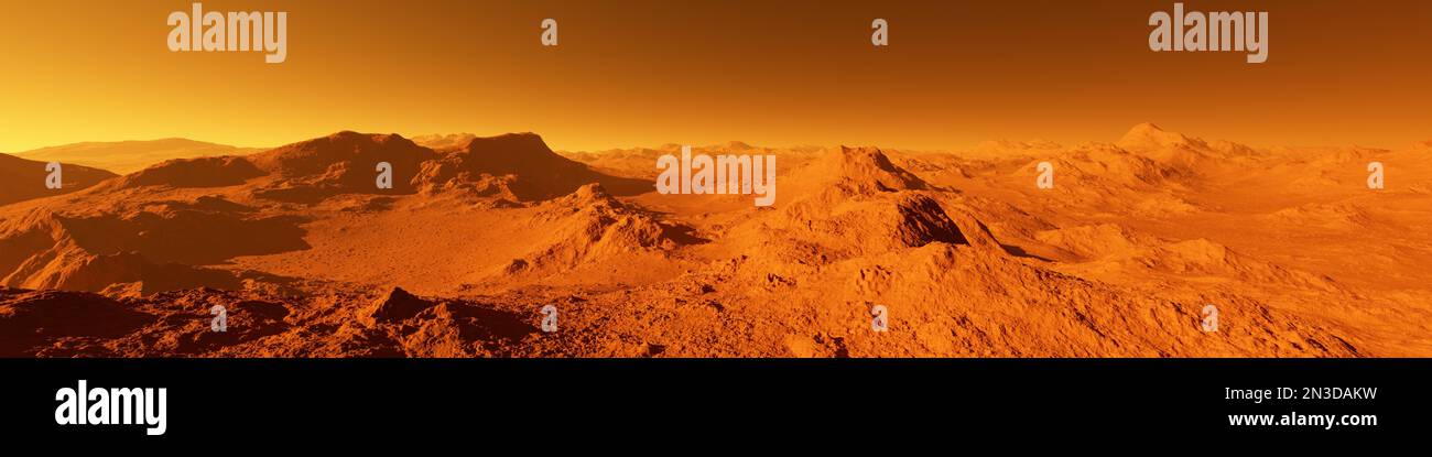 Wide panorama of mars - the red planet - landscape with mountains and ...