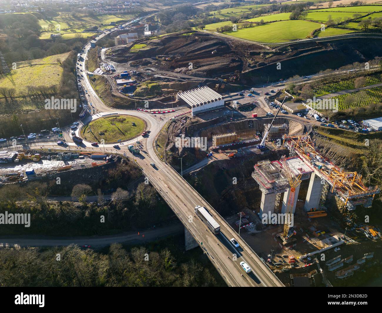 MERTHYR TYDFIL, WALES - FEBRUARY 06 2023: Aerial view of a roundabout ...