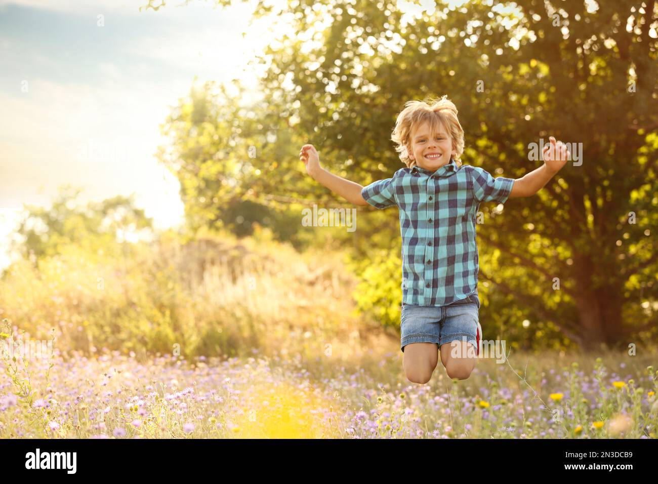 Cute little boy having fun outdoors, space for text. Child spending ...