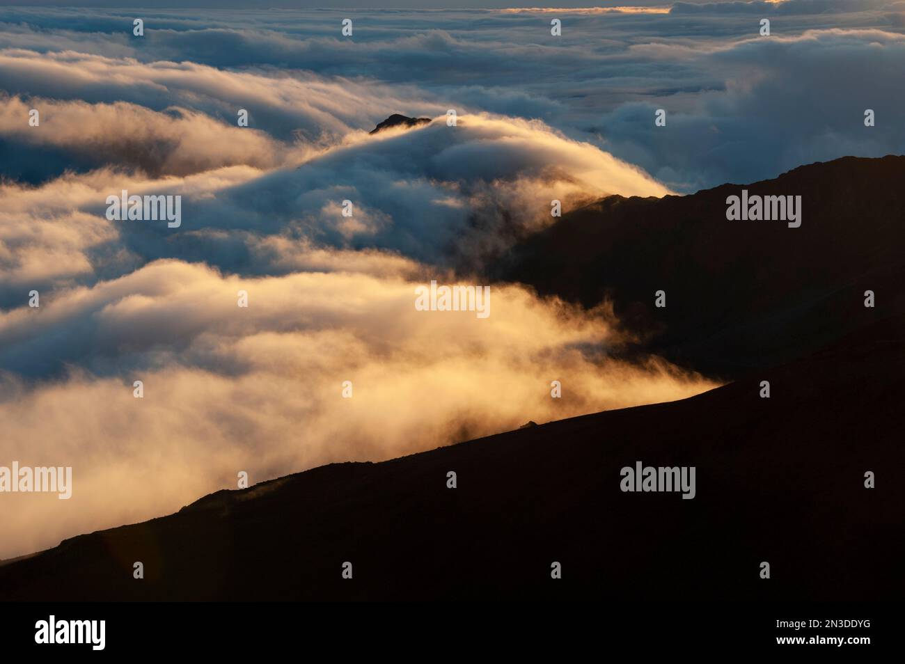 Dawn mist on extinct volcanoes in Haleakala National Park on the ...