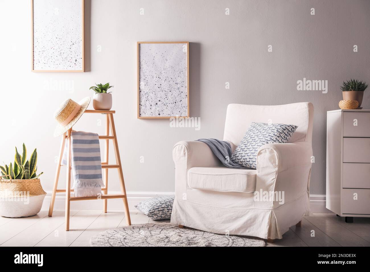 Beautiful room interior with stylish wooden ladder Stock Photo - Alamy