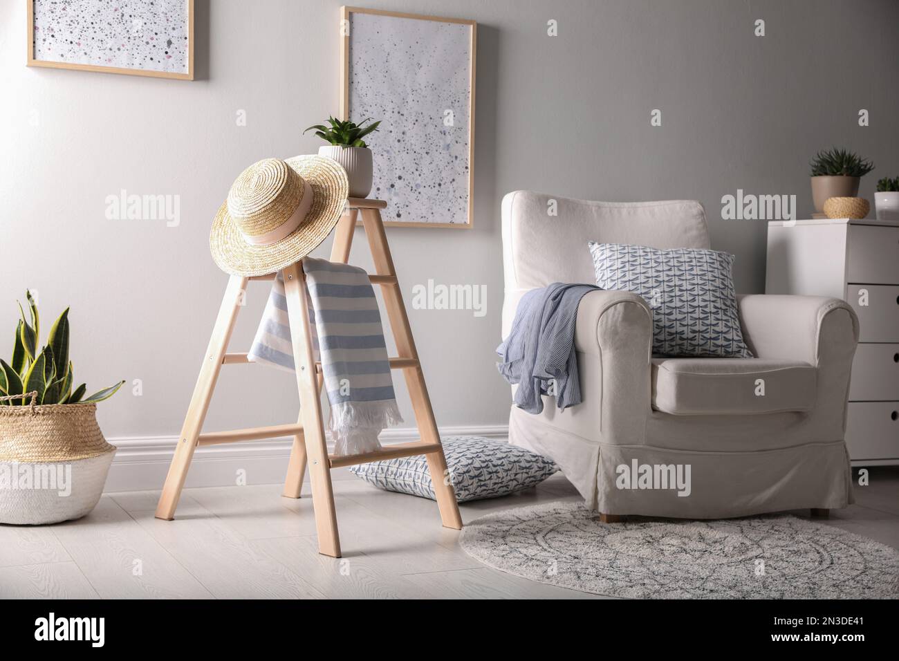 Beautiful room interior with stylish wooden ladder Stock Photo - Alamy