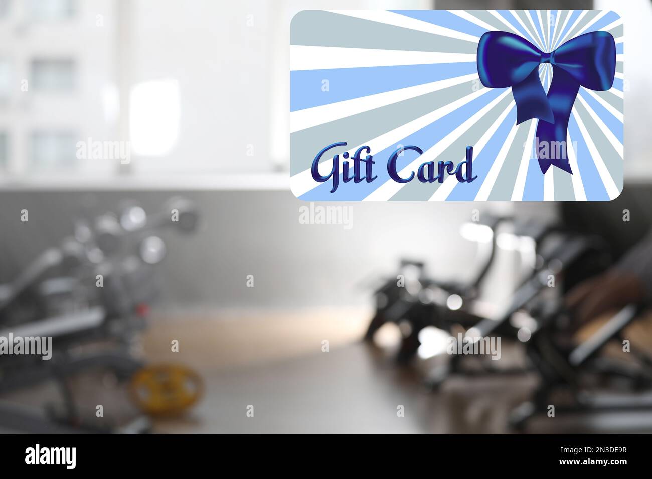 Gym gift card. Blurred view of health club with modern equipment Stock ...
