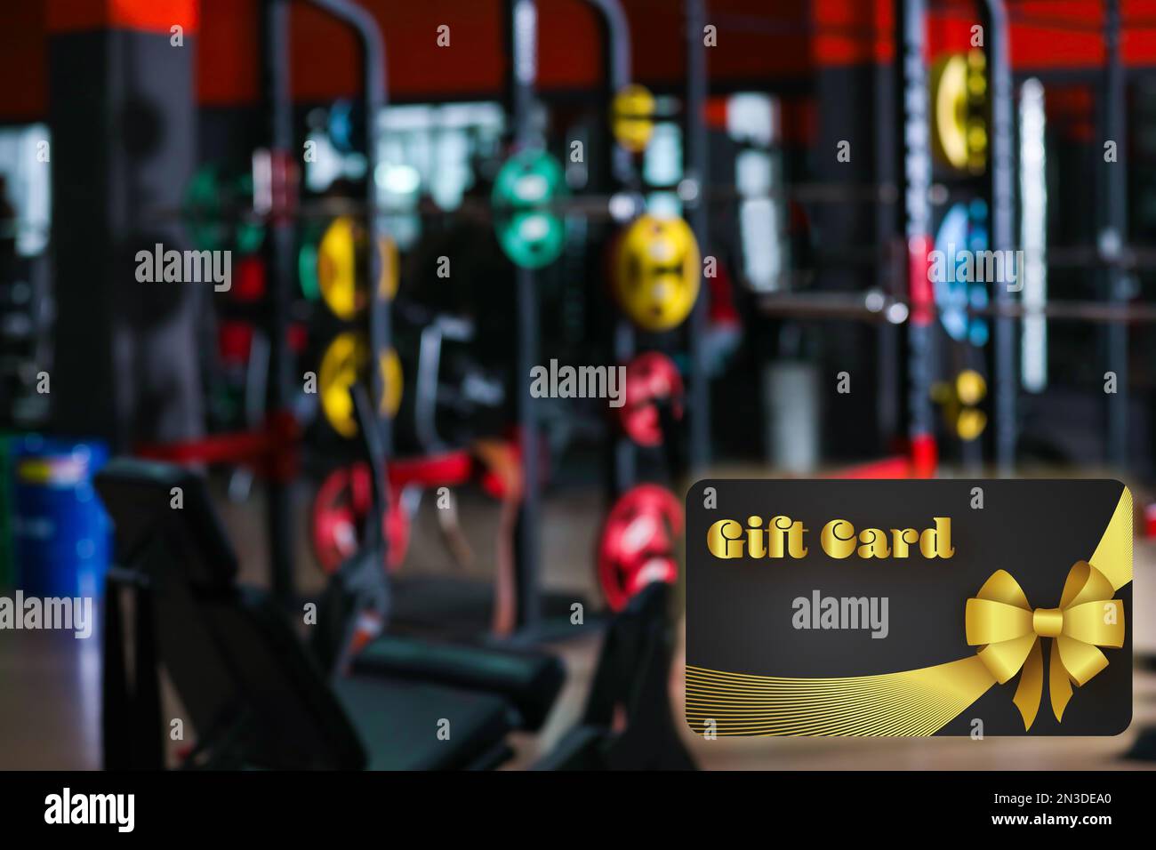 Gym gift card. Blurred view of health club with modern equipment Stock ...