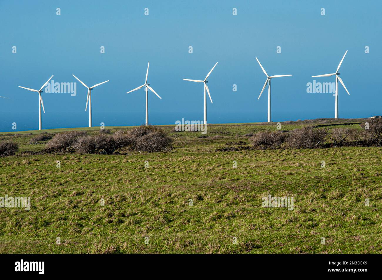 Row of wind turbines on the Big Island of Hawaii, located at South ...