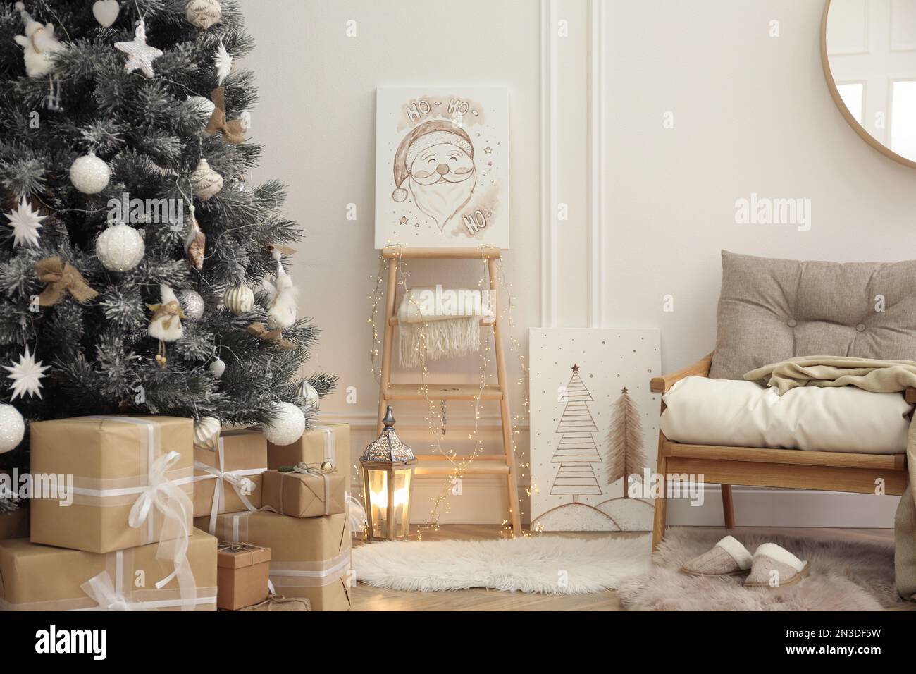 Beautiful Christmas pictures in festive room interior Stock Photo - Alamy