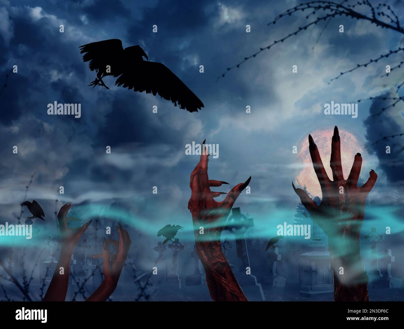 Scary monsters arising from graves at old foggy cemetery under full ...