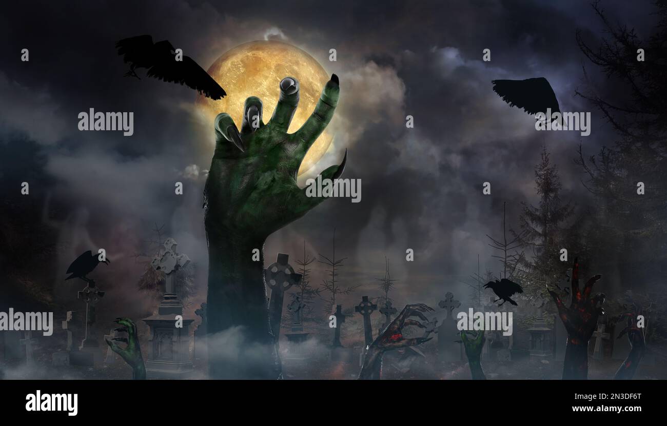 Scary zombies and monsters arising from graves at old foggy cemetery ...