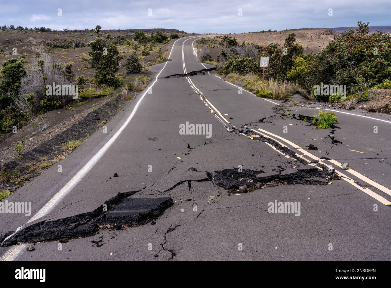 Damage to the main road in Hawaii's Volcanoes National Park after the ...