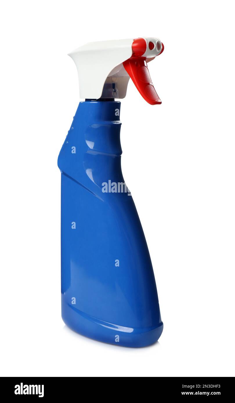 Blue spray bottle of cleaning product isolated on white Stock Photo - Alamy