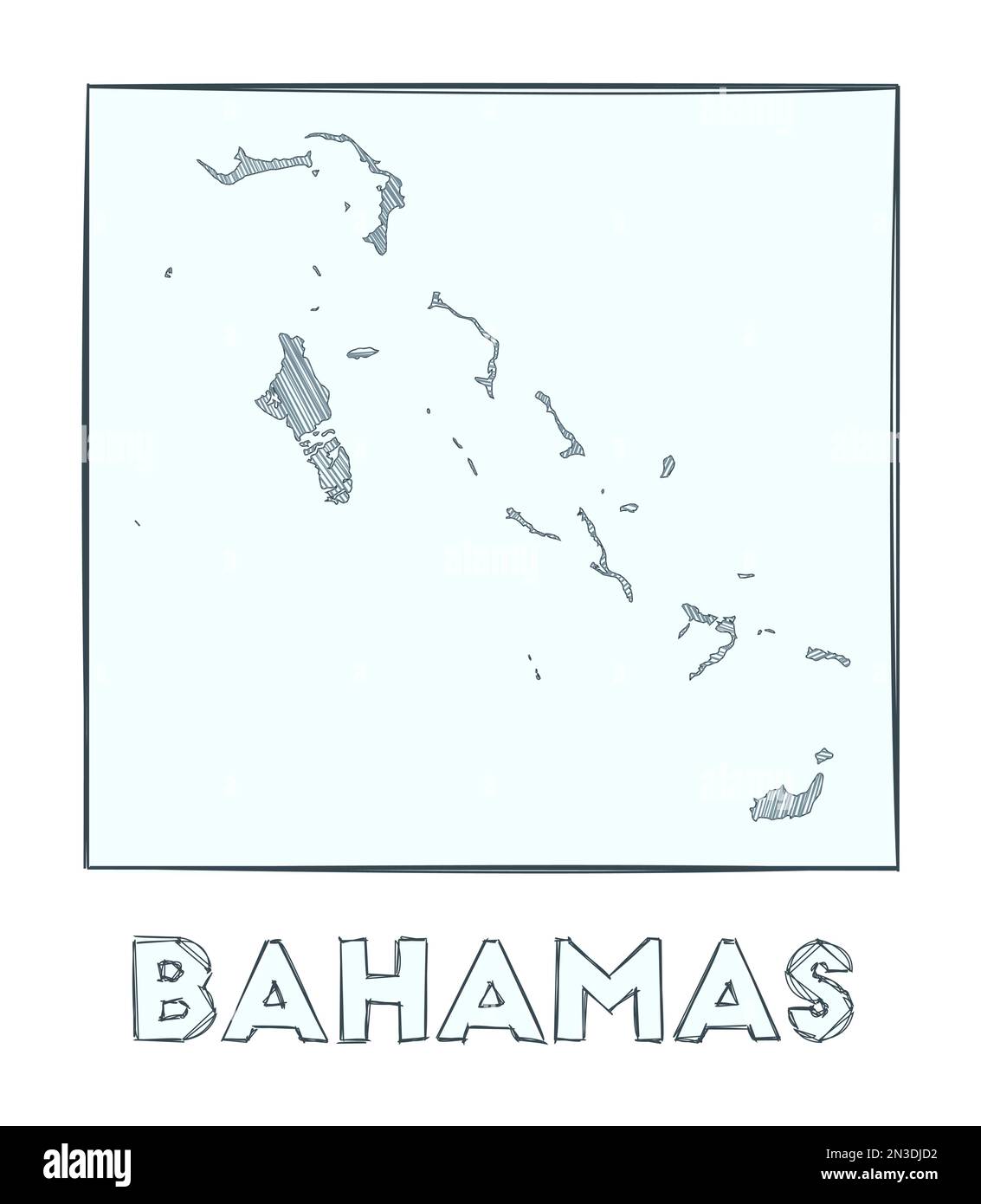 Sketch map of Bahamas. Grayscale hand drawn map of the country. Filled ...