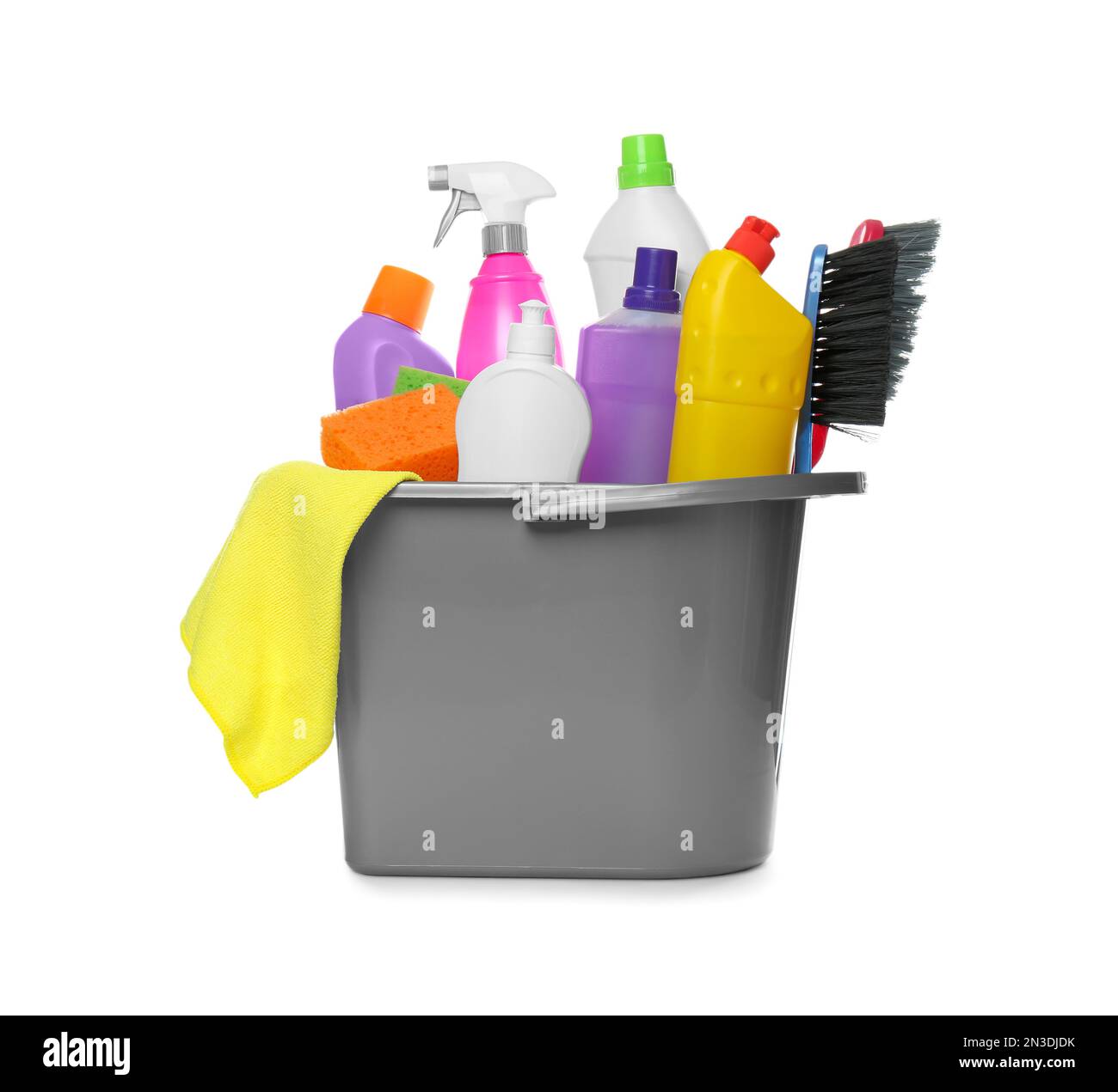 Bucket with different cleaning products and tools on white background ...