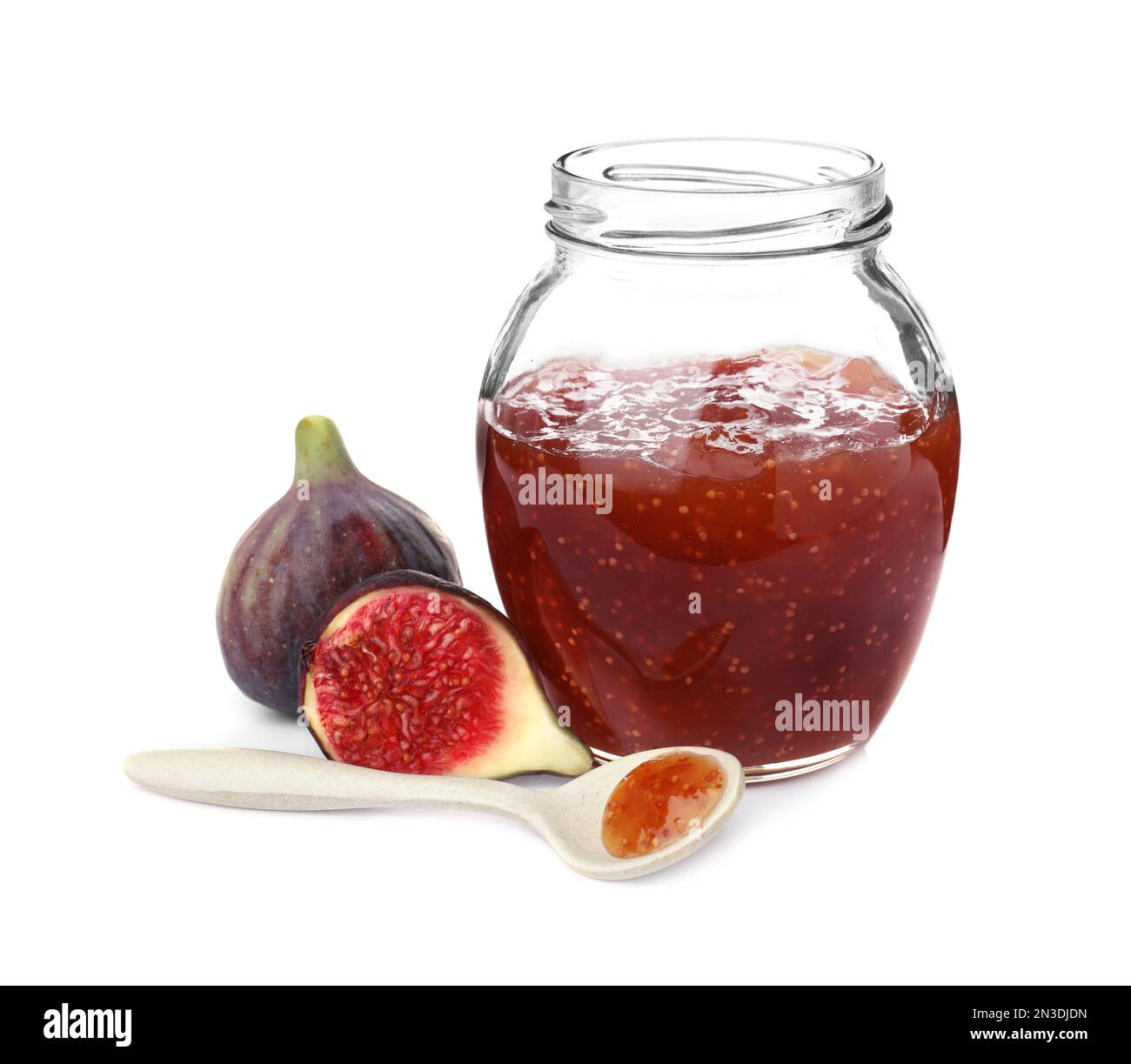 Delicious fig jam, fresh fruits and spoon on white background Stock ...