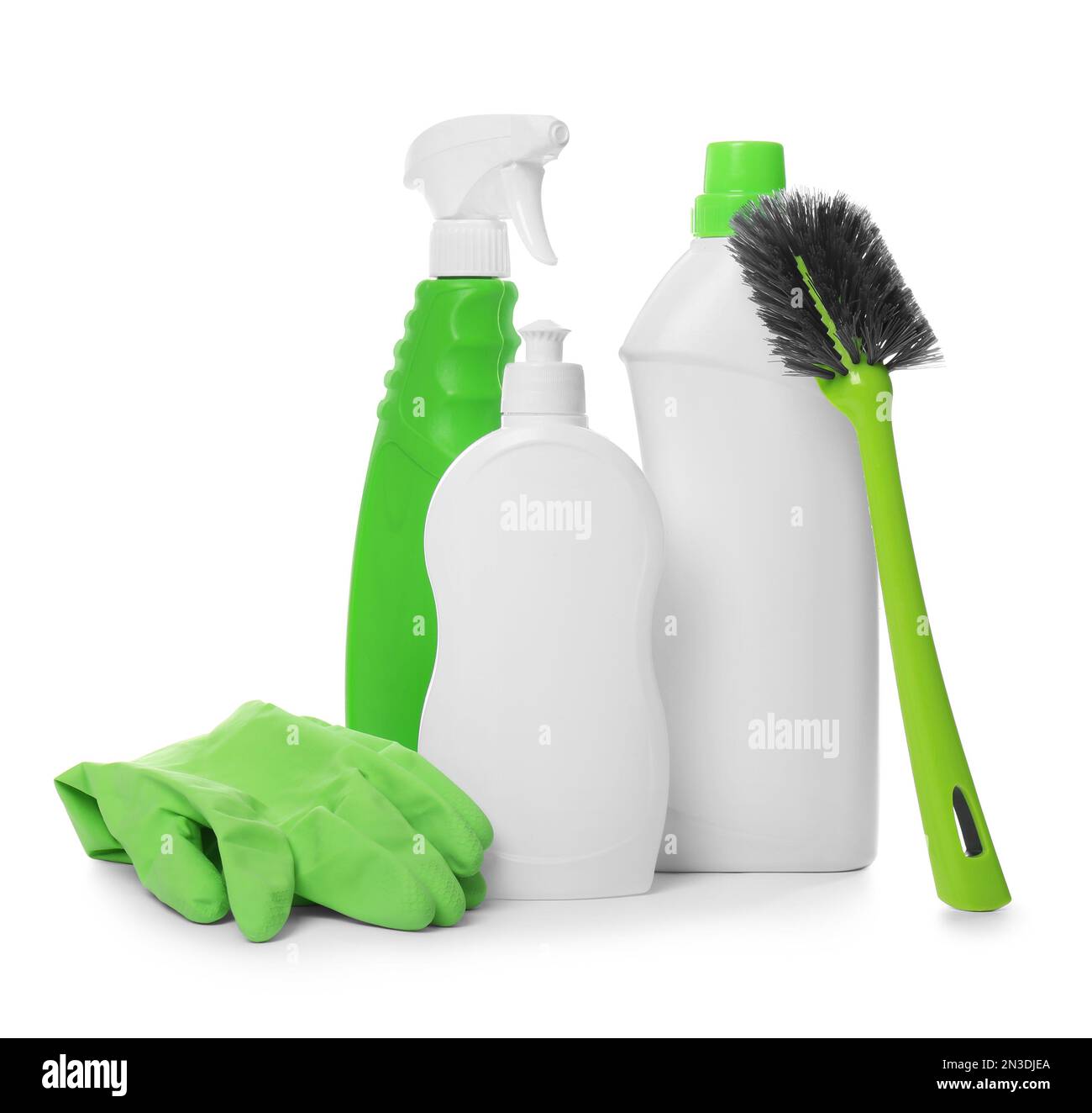 Different cleaning products and tools on white background Stock Photo ...