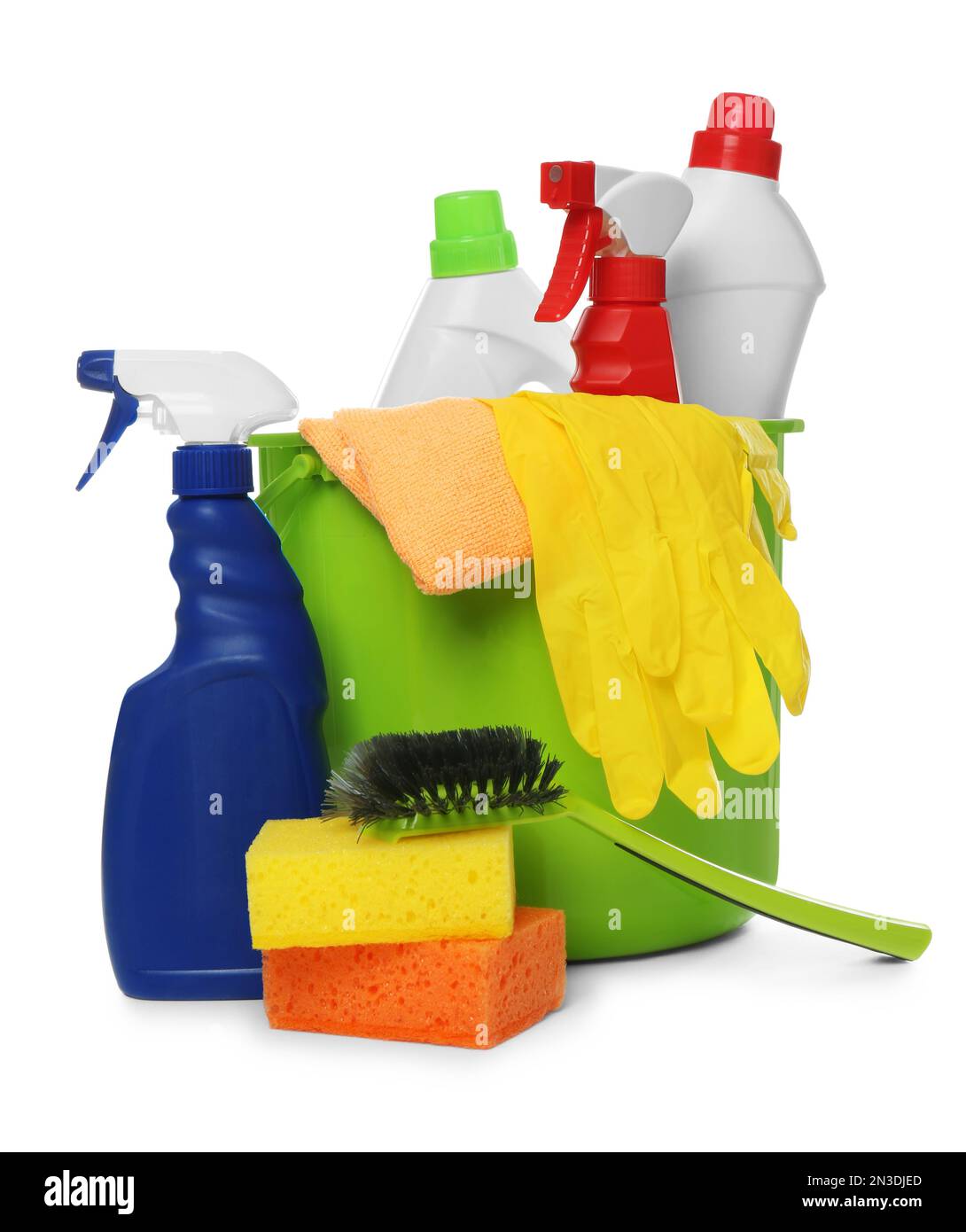 Bucket with different cleaning products and tools on white background ...
