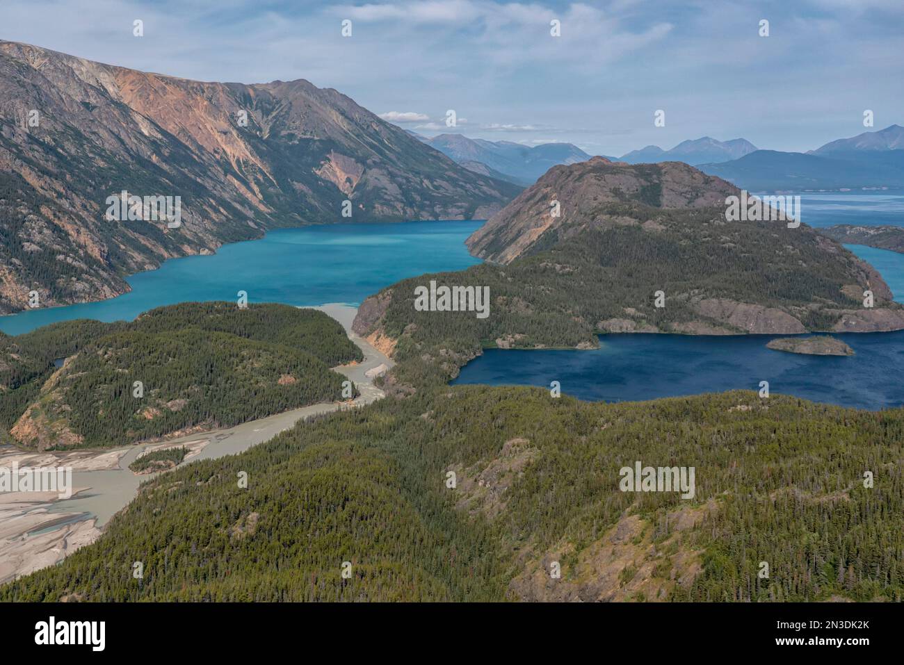 Aerial view of the south end of Atlin Lake. The colour of the water is ...