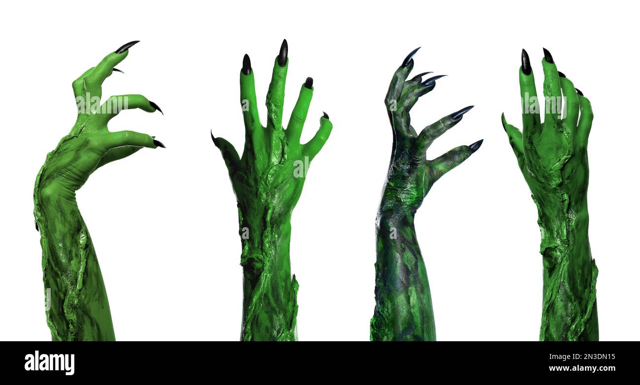 Collage with photos of scary monster on white background, closeup ...