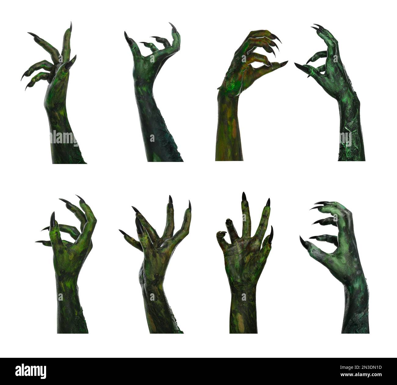 Collage with photos of scary monsters on white background, closeup ...