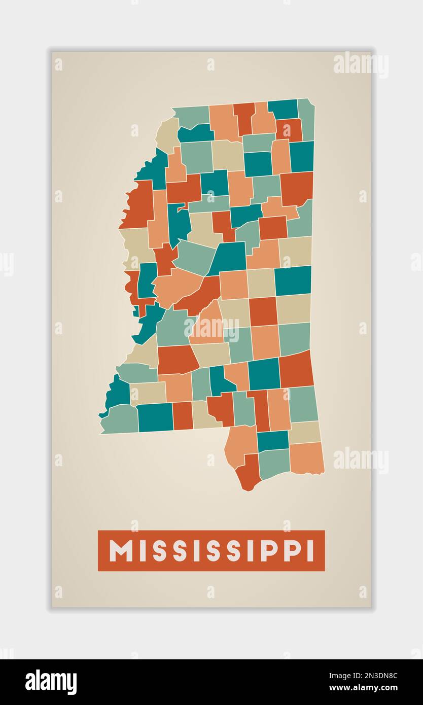 Mississippi poster. Map of the us state with colorful regions. Shape of ...