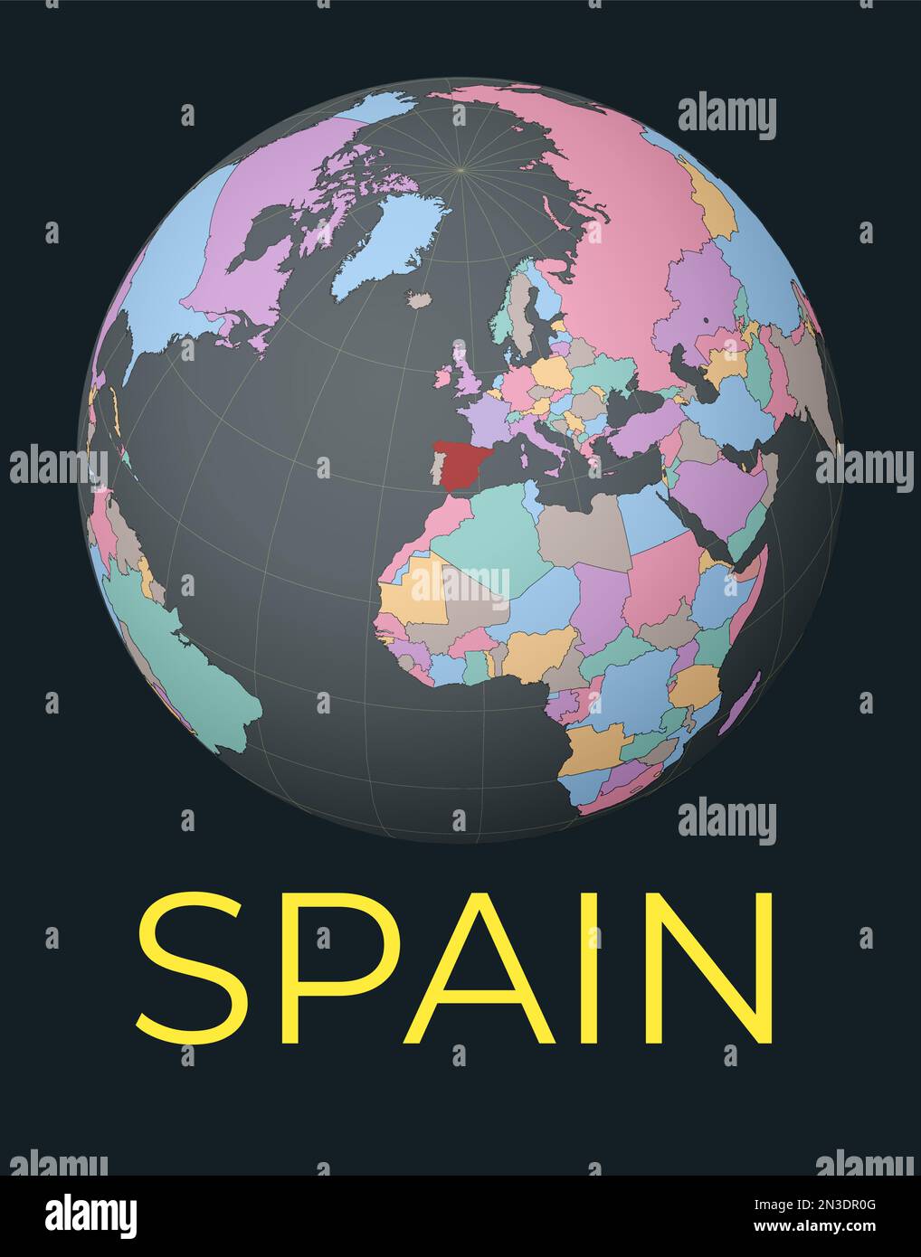 World map centered to Spain. Red country highlighted. Satellite world ...