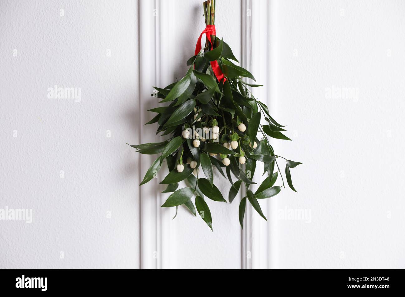 Mistletoe bunch with red ribbon hanging on light background ...