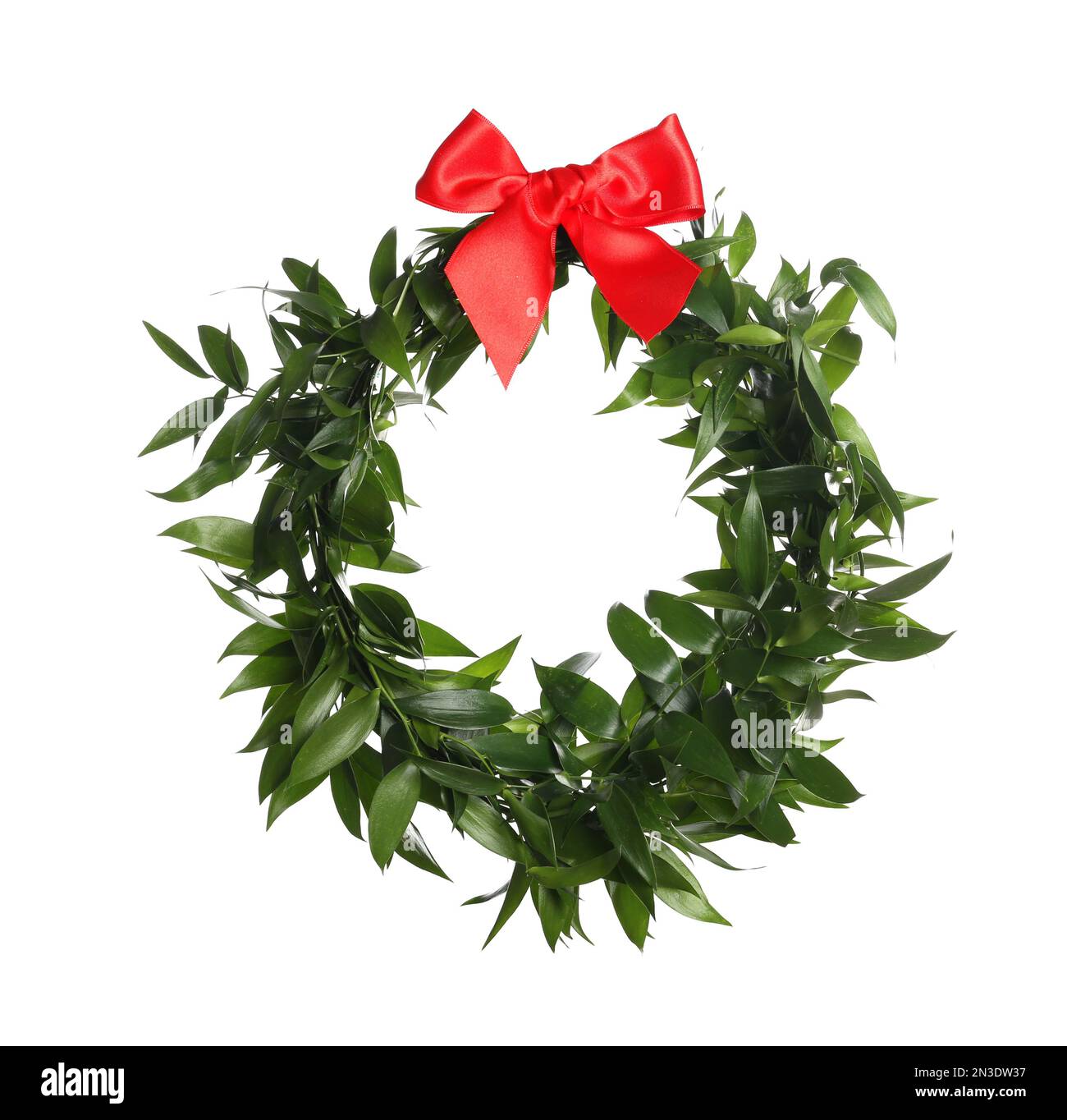 Beautiful handmade mistletoe wreath with red bow on white background ...