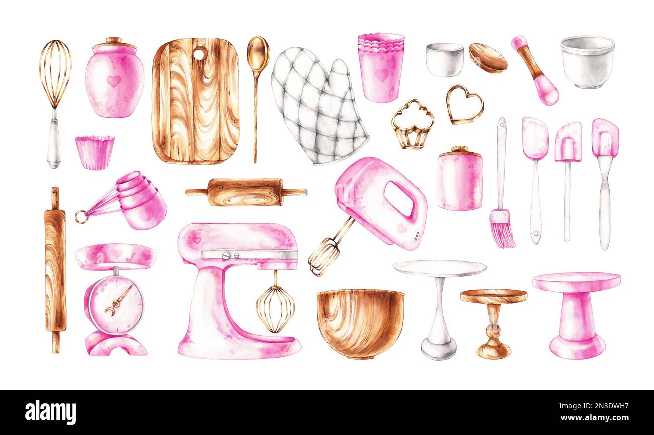Watercolor set of pink baking tools. Confectionery on a white ...