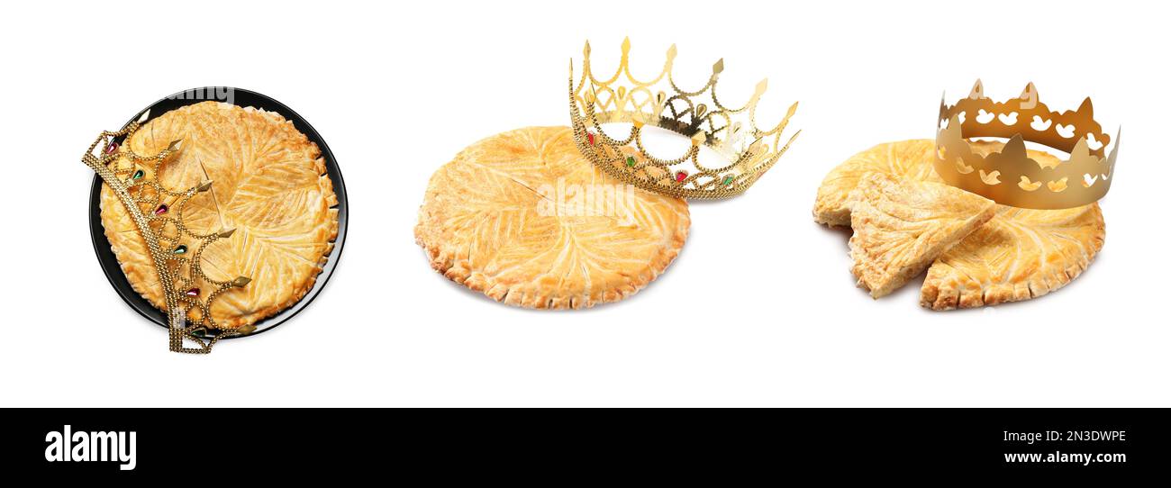 Set of traditional delicious galettes des rois on white background ...
