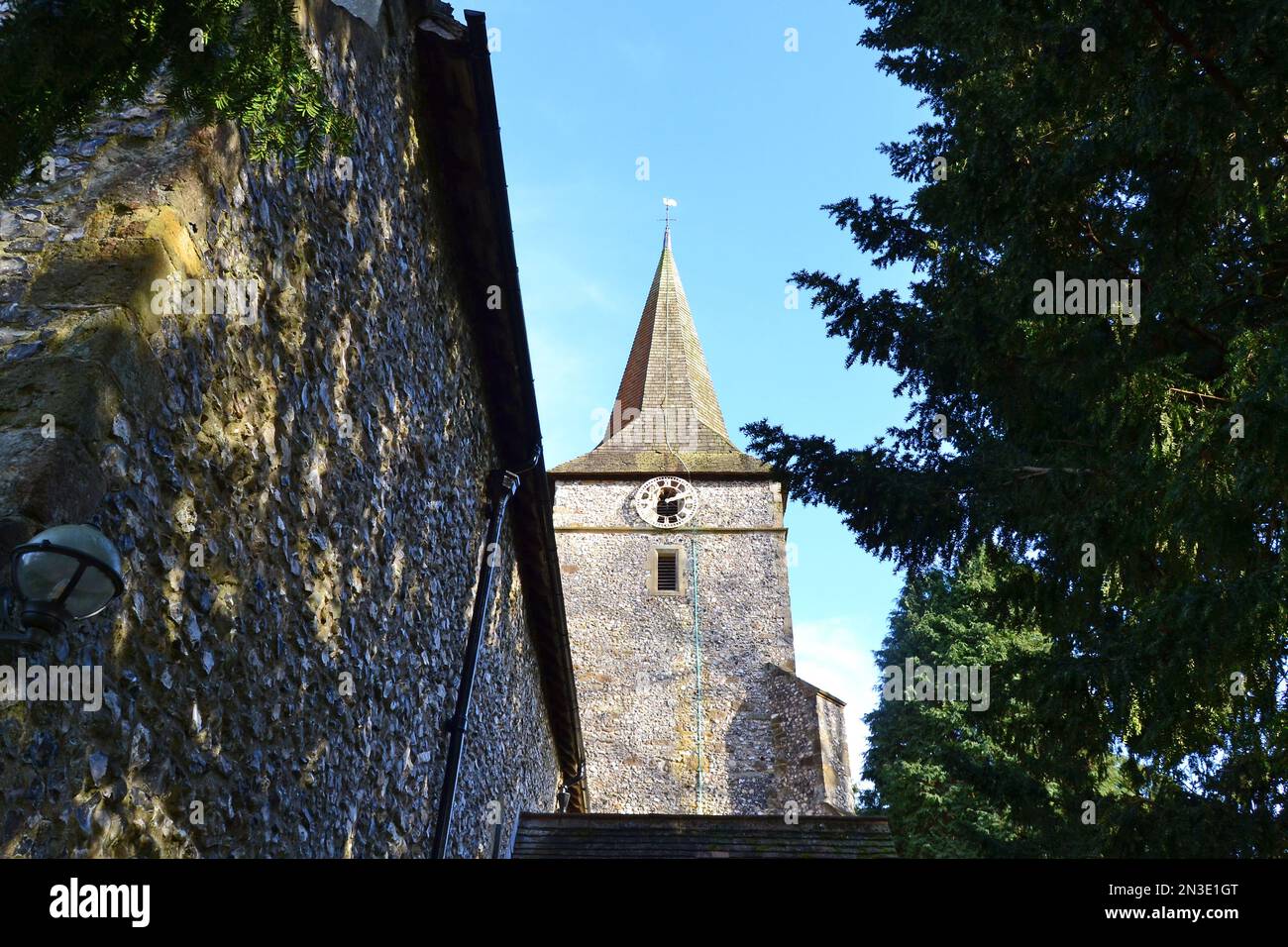 Cudham Church, Kent, UK. A Norman/medieval church of flint with ancient ...