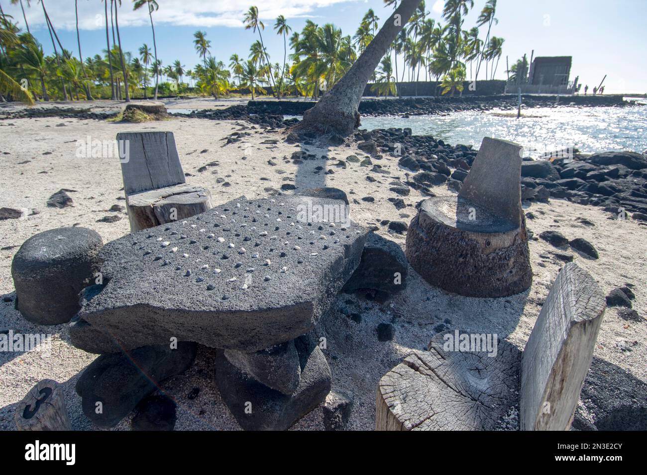 A stone papamū (playing surface) for playing kōnane (Hawaiian checkers ...