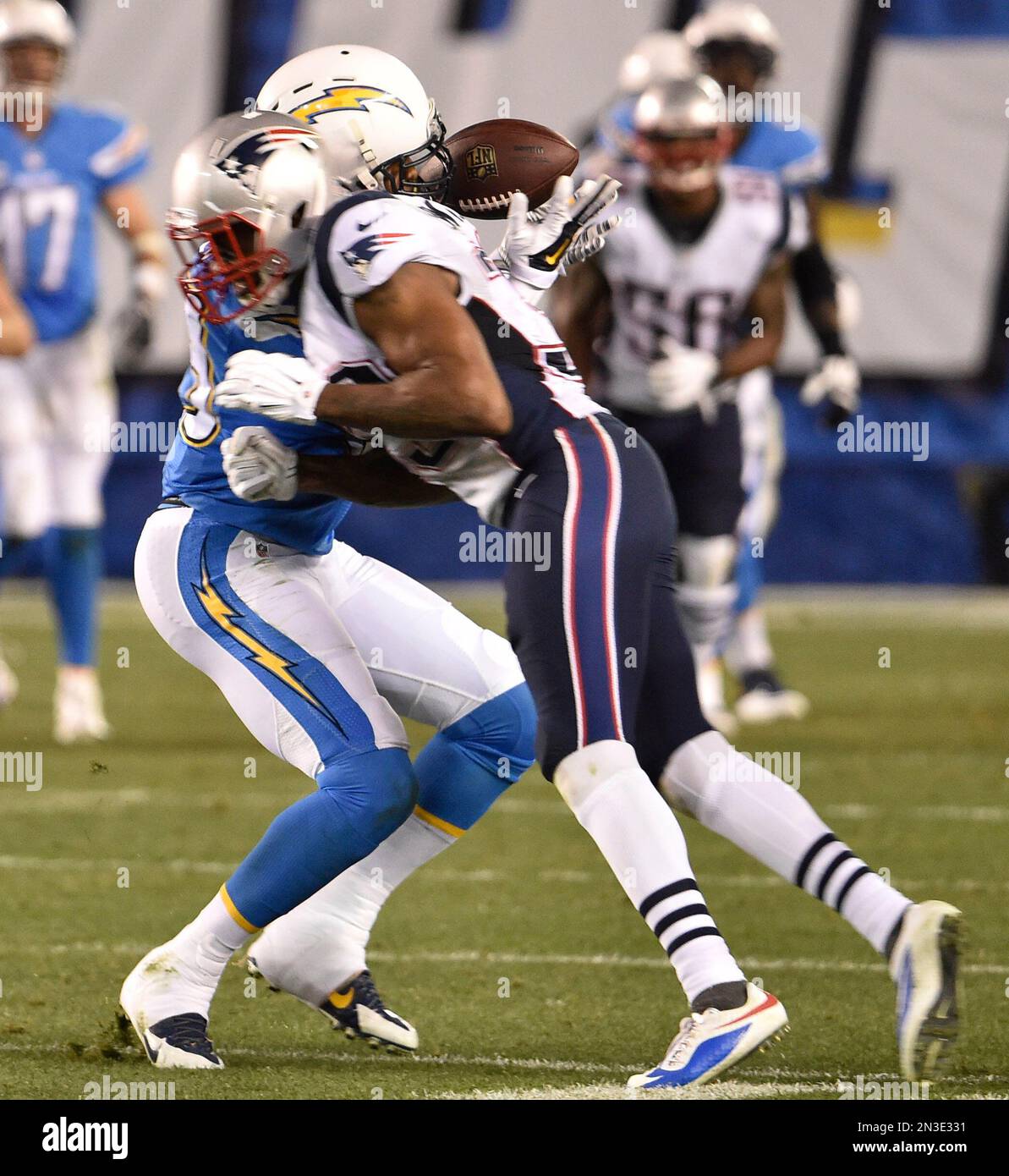 San Diego Chargers tight end Ladarius Green is hit by New England ...