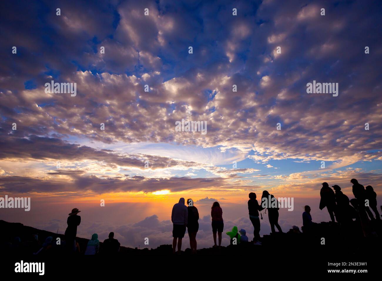 Silhouette of a group of people watching the sunset from the top of ...