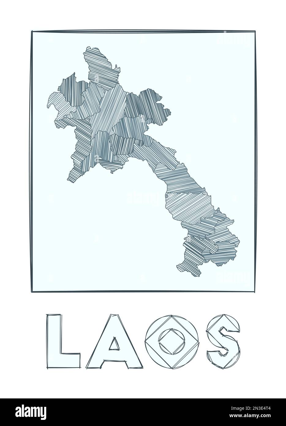Sketch map of Laos. Grayscale hand drawn map of the country. Filled ...