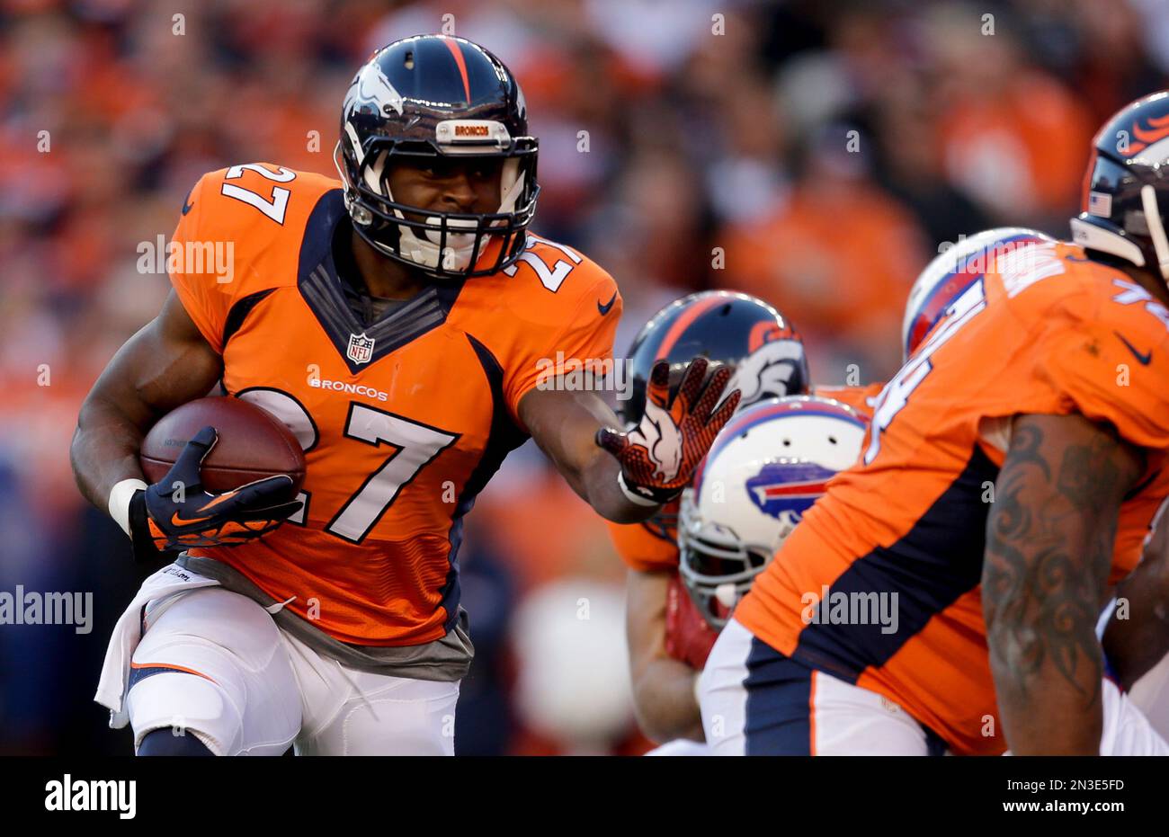 Denver Broncos running back Jeremy Stewart runs against the Buffalo ...