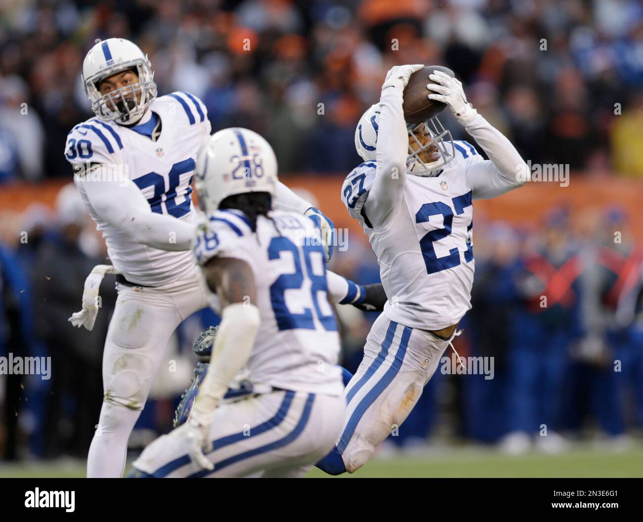 Indianapolis Colts free safety Josh Gordy (27) intercepts a pass ...